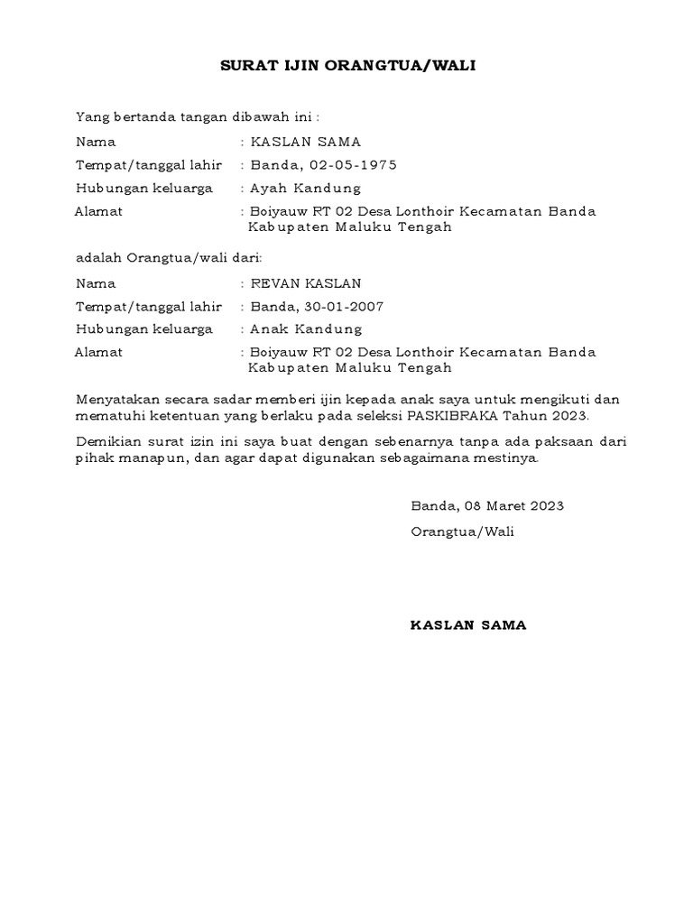 Surat Izin PASKIBRAKA 2023 Orangtua | PDF