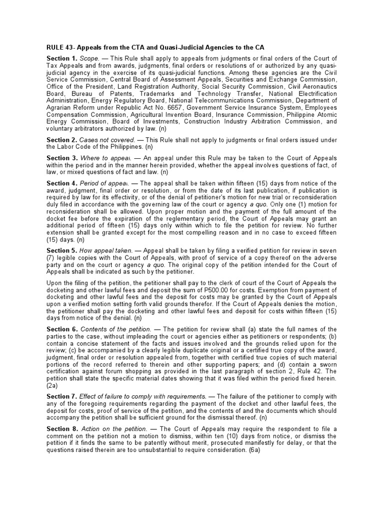 RULE 43 - Appeals From The CTA and Quasi-Judicial Agencies To The CA | PDF | Judgment (Law ...