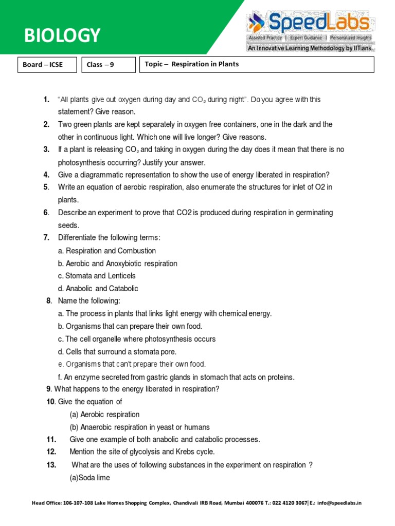 Respiration in Plants: Class 9 Guide | PDF | Cellular Respiration ...