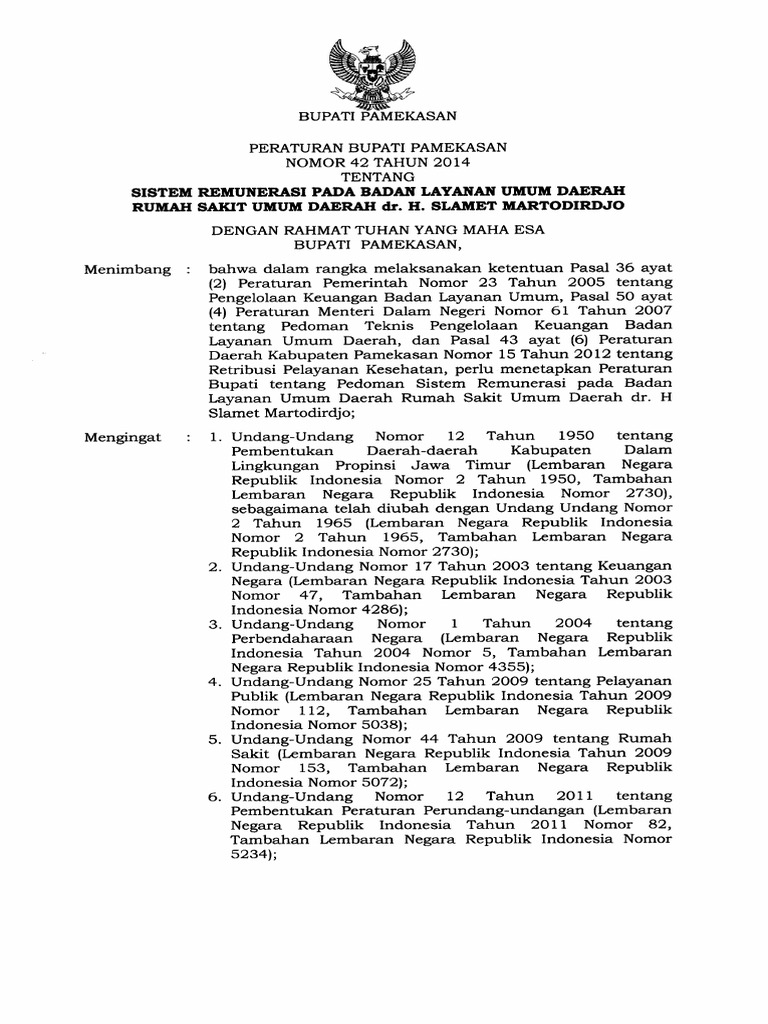 PERBUP NOMOR 42 TAHUN 2014-SISTEM REMUNERASI PADA BADAN LAYANAN UMUM ...