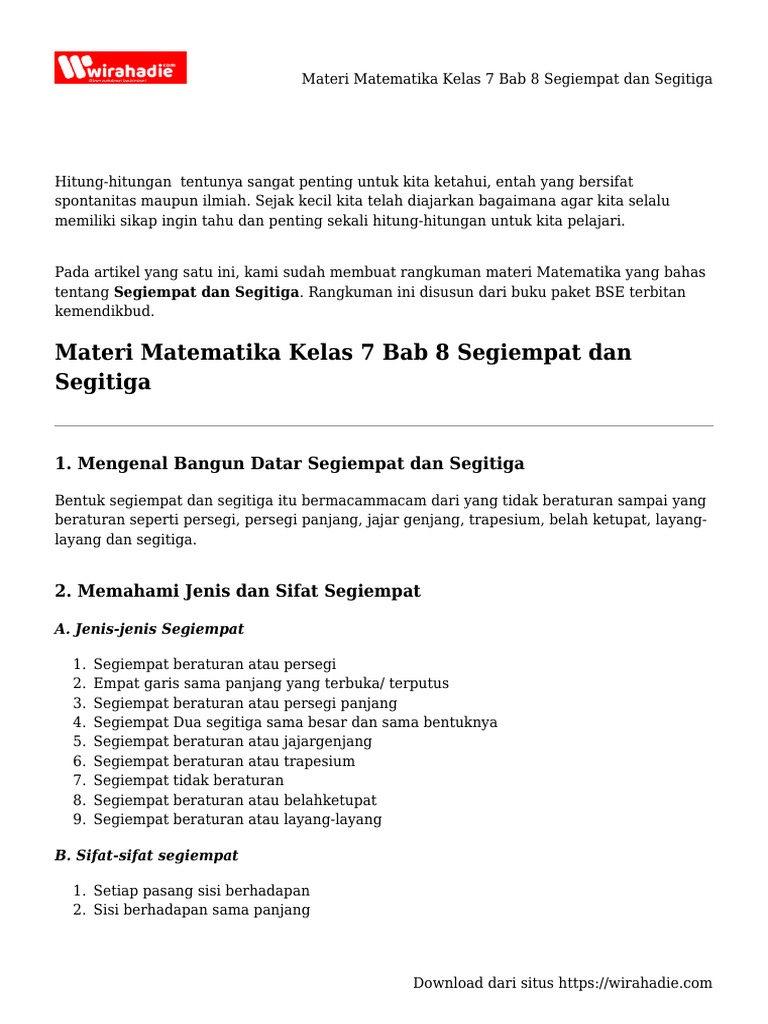Materi Matematika Kelas 7 Bab 8 Segiempat Dan Segitiga | PDF