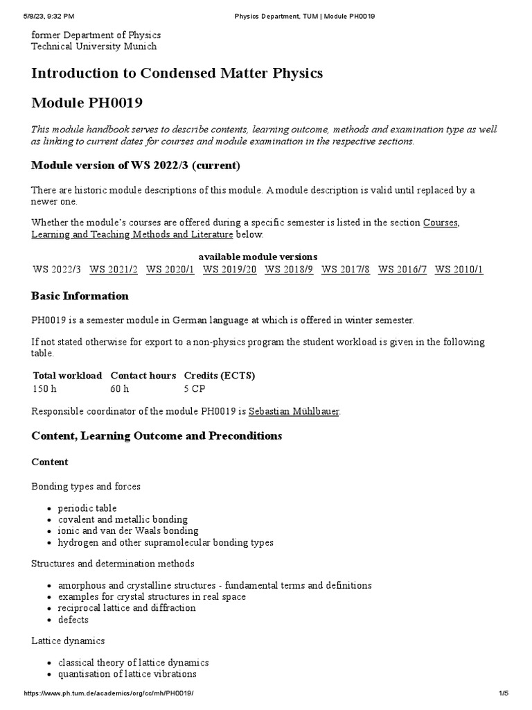 Introduction to Condensed Matter Physics Module PH0019 | PDF ...