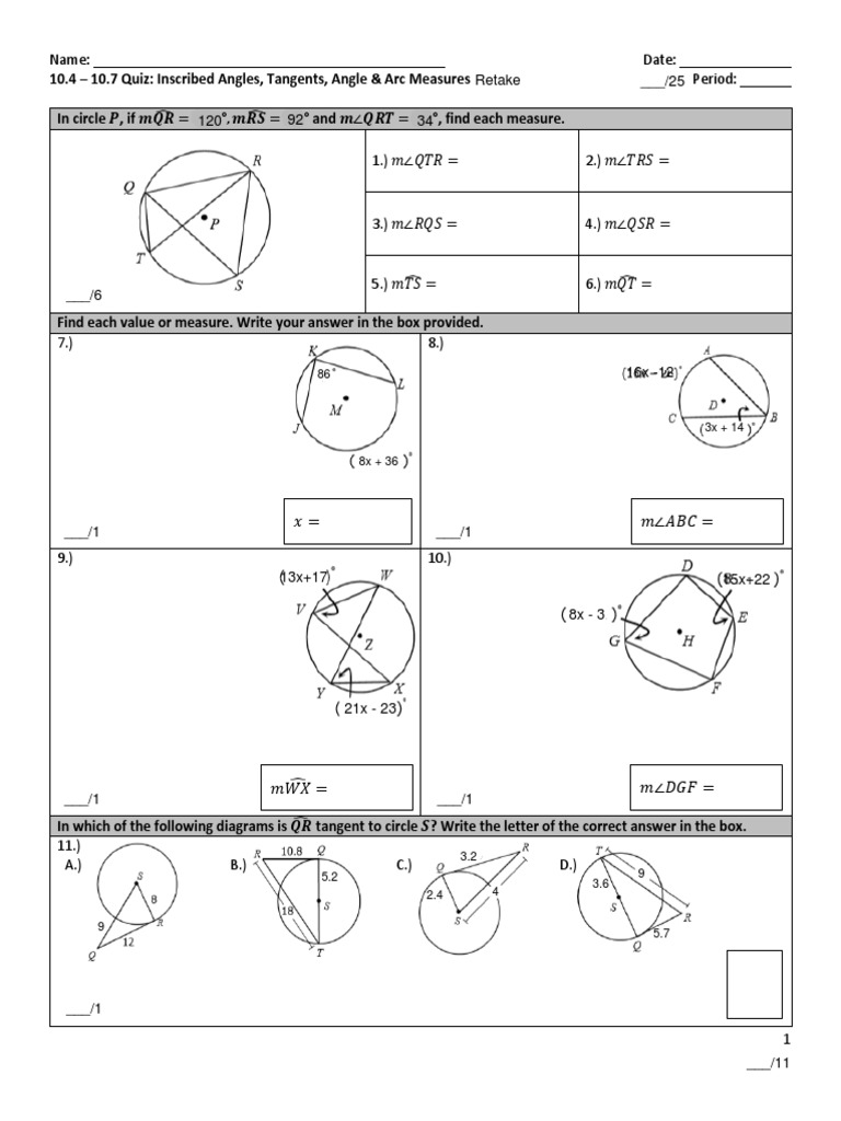 10.4 - 10.7 Quiz: Inscribed Angles, Tangents, Angle & Arc Measures in ...