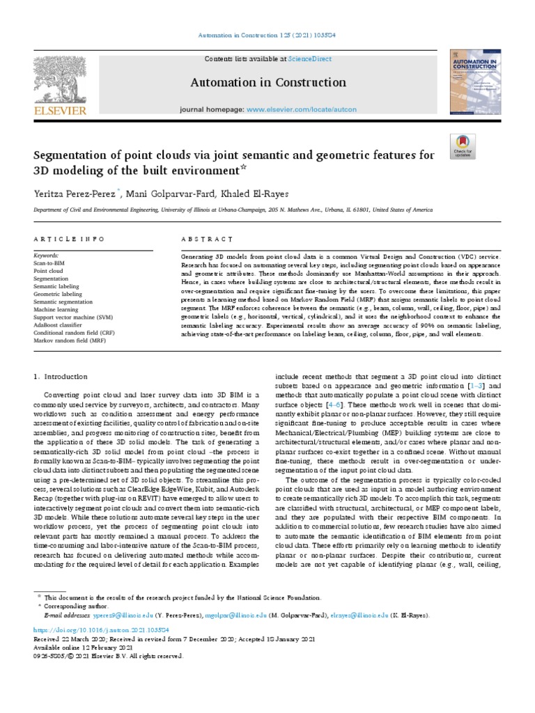 Segmentation Of Point Clouds Via Joint Semantic And Geometric Features For 3d Modeling Of The 