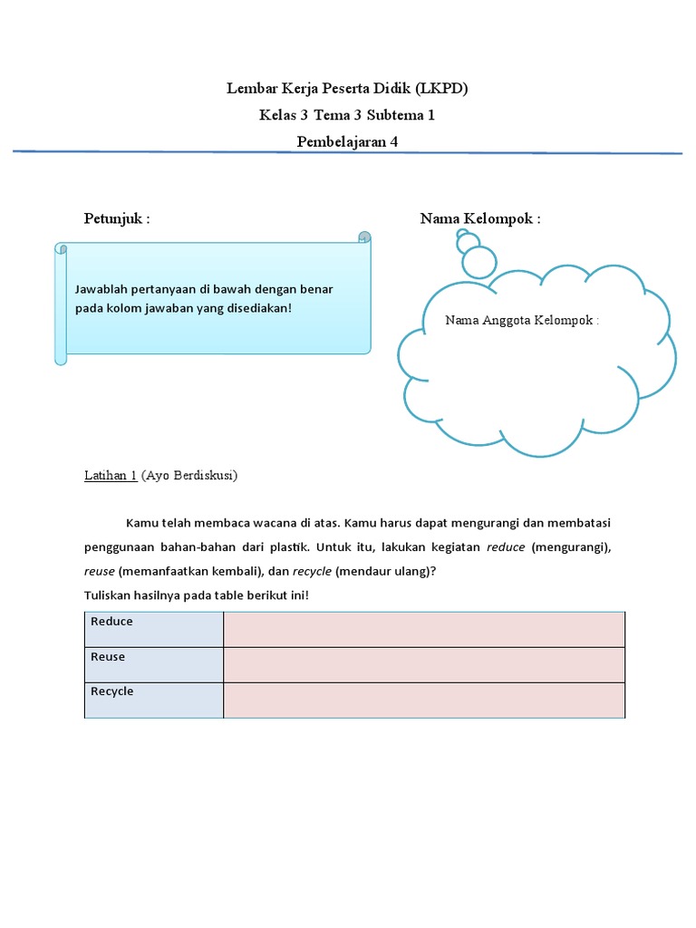 LKPD Kelas 3 Tema 3 ST 1 P4 (Ujian PLP) | PDF