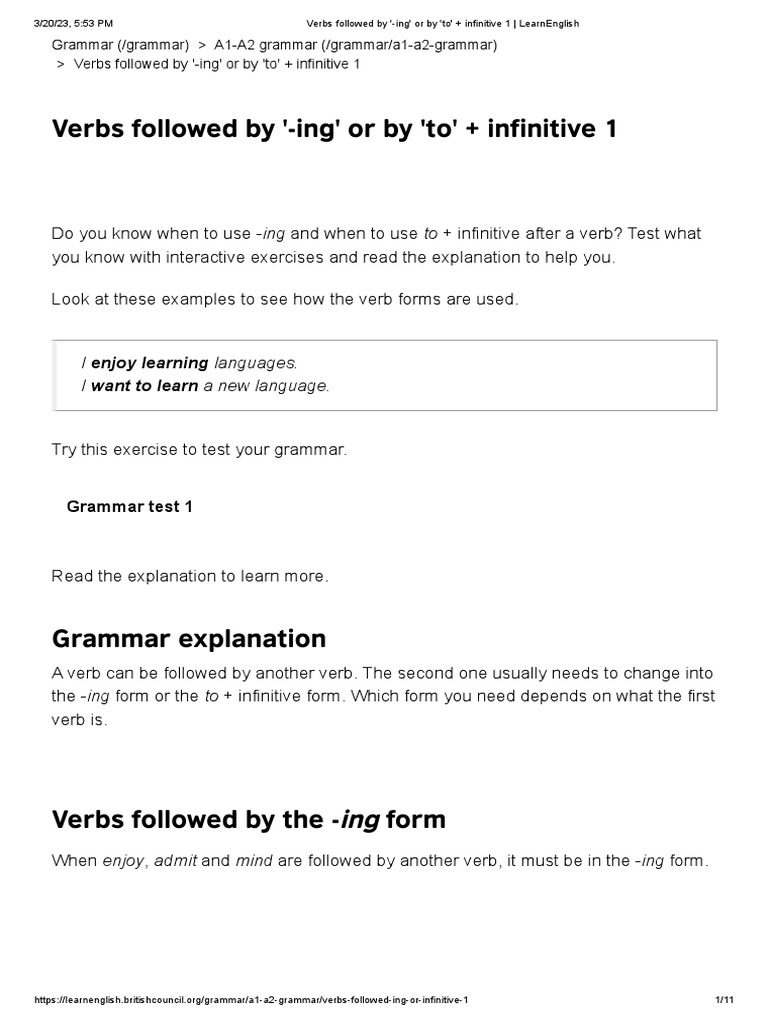 Verbs Followed by '-Ing' or by 'To' + Infinitive 1 - LearnEnglish | PDF