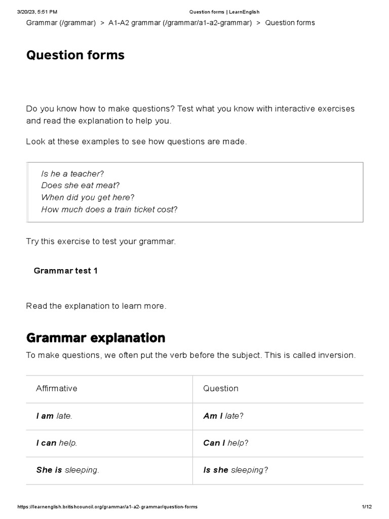 Question Forms - LearnEnglish | PDF | Question | Subject (Grammar)