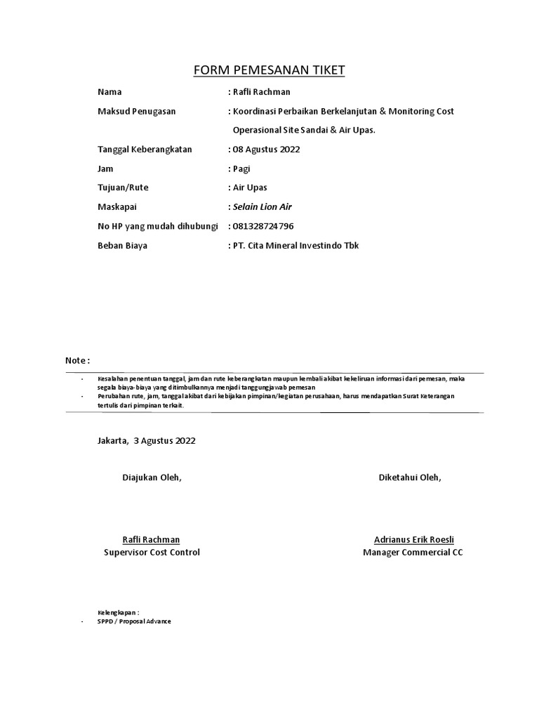 Form Pemesanan Tiket | PDF