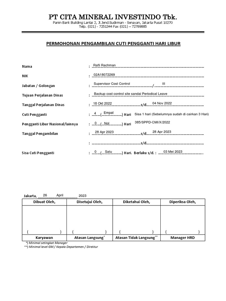 Form Permohonan Cuti Pengganti Hari Libur 28 Apr 2023 | PDF