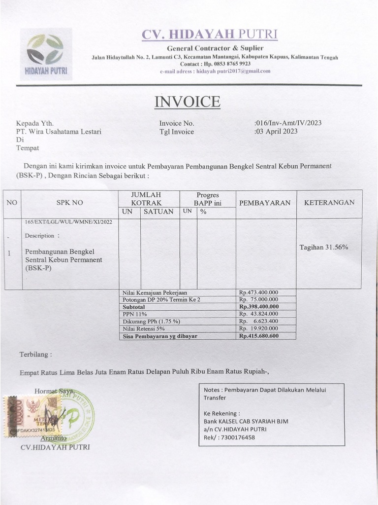 CONTOH INVOICE PENAGIHAN ( TAGIHAN PEMBANGUNAN ) | PDF