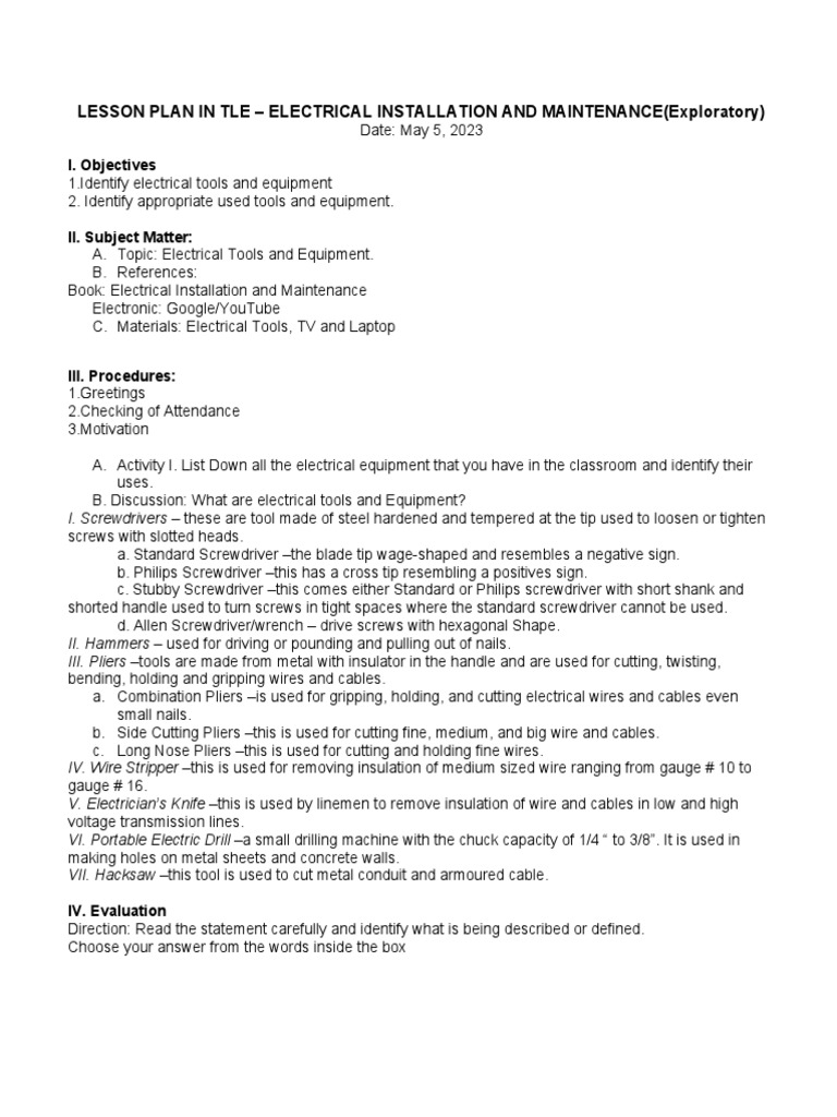 Lesson Plan - Electrical Tools and Equipment | PDF | Wire | Insulator ...