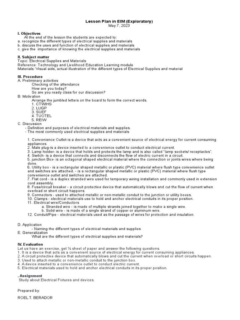 Lesson Plan - Electrical Materials and Supplies | PDF | Ac Power Plugs ...