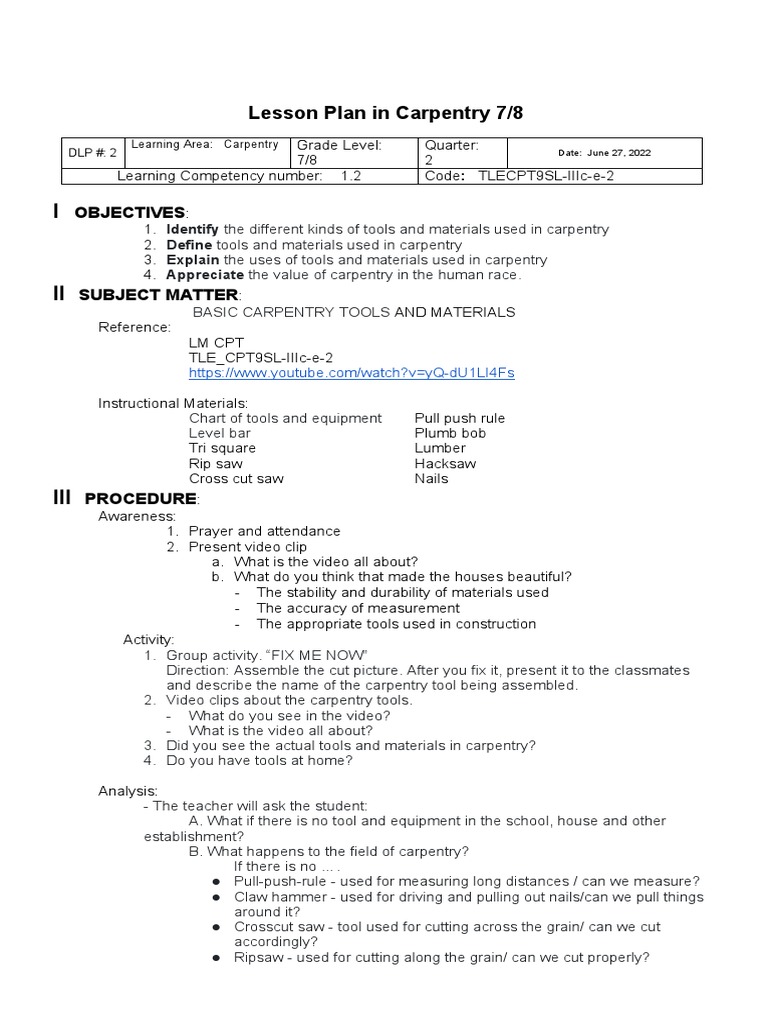 Carpentry Lesson Plan for Grades 7/8 | PDF | Carpentry | Lumber