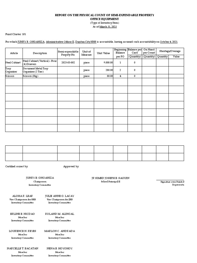 Report On The Physical Count of Semi-Expendable Property (RPCSP) | PDF | Printer (Computing ...