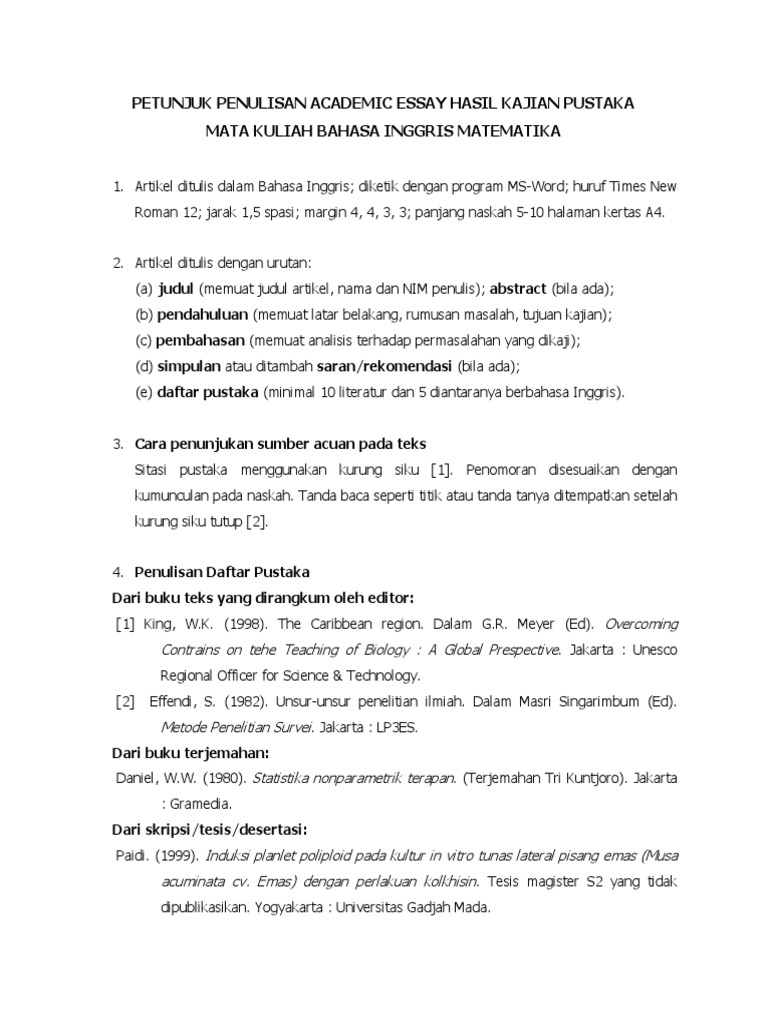 Petunjuk Penulisan Essay Hasil Kajian Pustaka B Ing Mat PDF | PDF