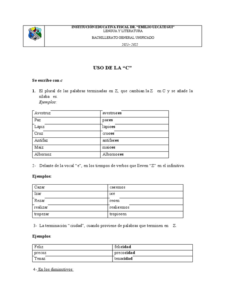 Uso de La "C": Se Escribe Con C 1. El Plural de Las Palabras Terminadas ...