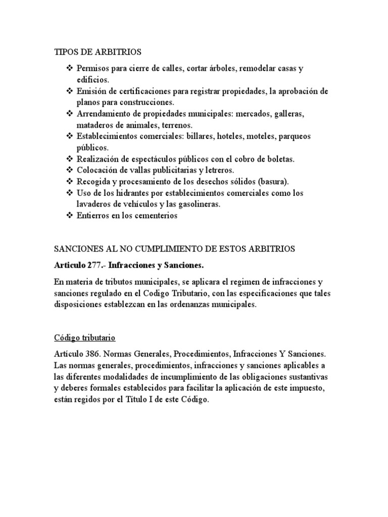 Tipos de Arbitrios y Sanciones Municipales | PDF