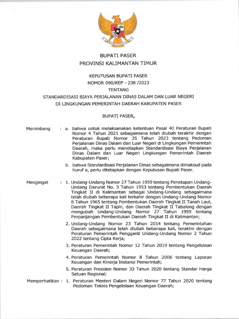 Sk Bupati Tentang Standarisasi Biaya Perjalanan Dinas Dalam Dan Luar ...