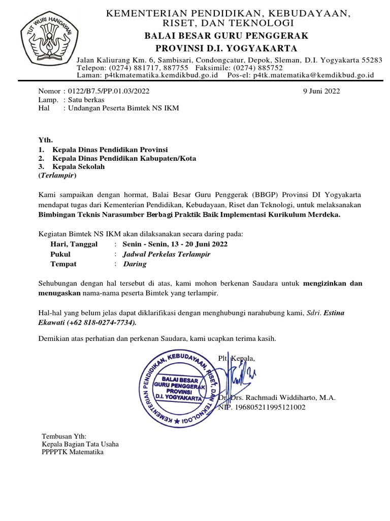 (0122) Undangan Peserta Bimtek NS Berbagi Praktik Baik IKM | PDF