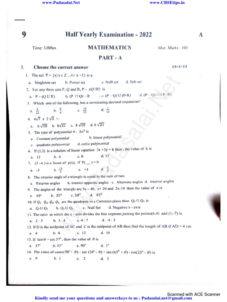 9th Maths EM Half Yearly Exam 2022 Original Question Paper Coimbatore ...
