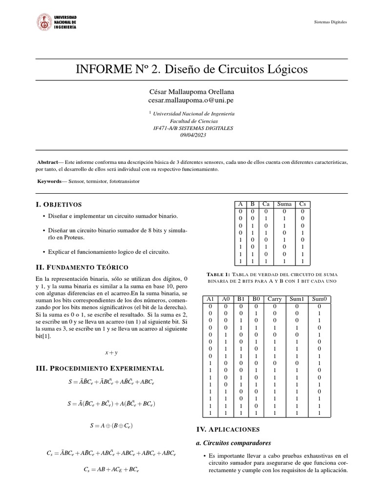 INFORME N 2 Dise o de Circuitos L Gicos 2 | PDF | Informática | Ingenieria Eléctrica