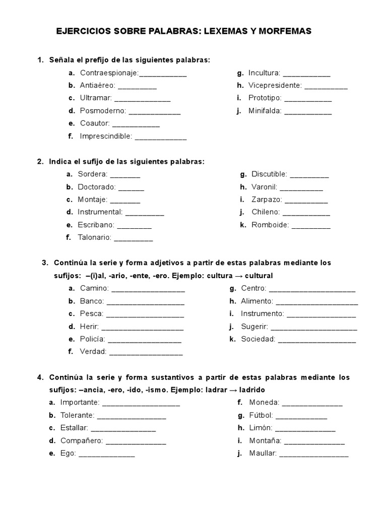 Ejercicios Sobre Palabras, Lexemas y Morfemas | PDF | Tipología ...