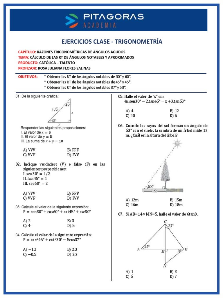 Ejercicios Clase - Trigonometría: Cálculo de Las RT de Ángulos Notables Y Aproximados Católica ...