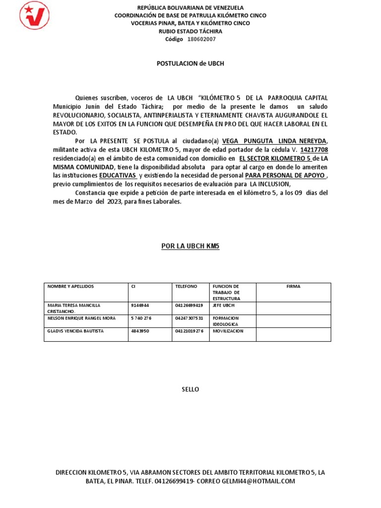 POSTULACION de UBCH LINDA Y NANCY 2022 | PDF | Gobierno