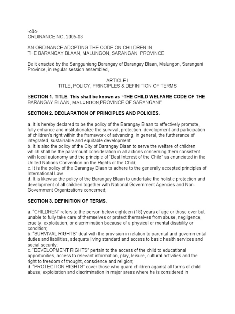 Child Welfare Code of Barangay Blaan | PDF | Child Abuse | Children's ...