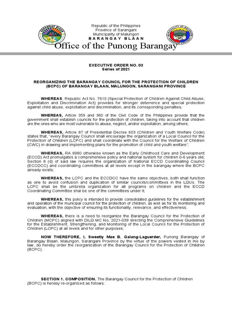 Reorganizing The BCPC Eo 2021 | PDF | Child Care | Justice