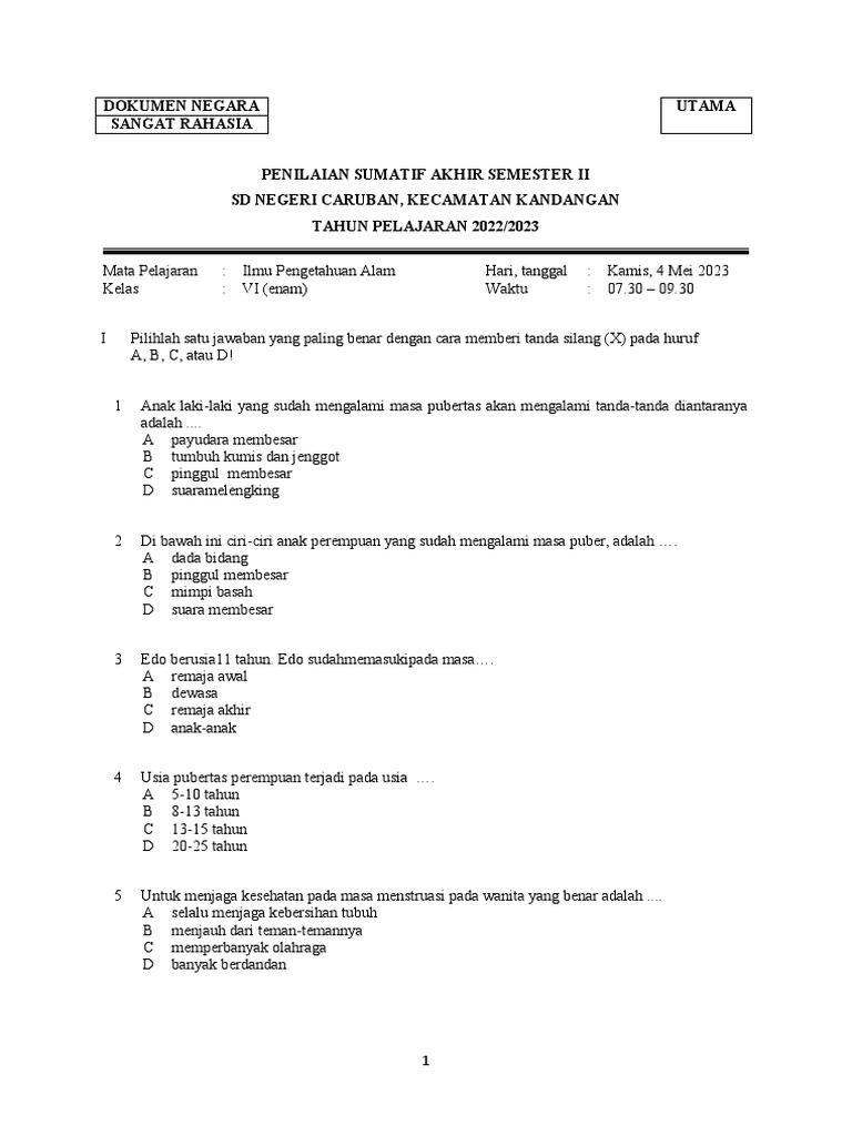 Dokumen Negara Utama Sangat Rahasia Penilaian Sumatif Akhir Semester Ii SD Negeri Caruban ...