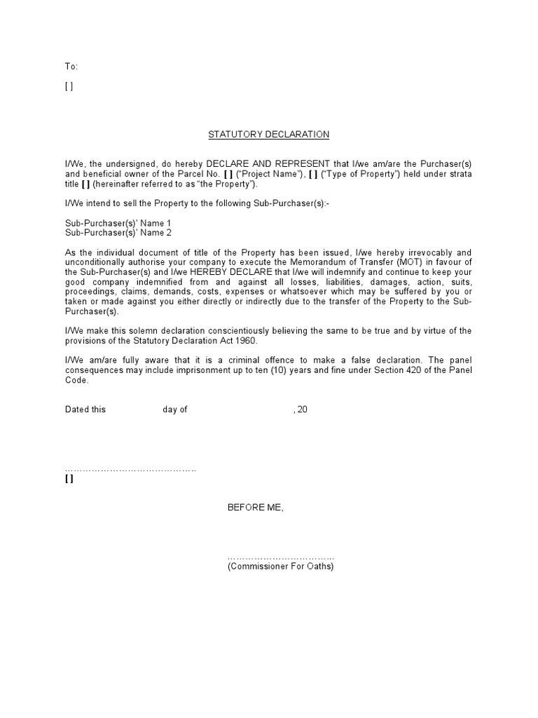 Statutory Declaration of Sale | PDF