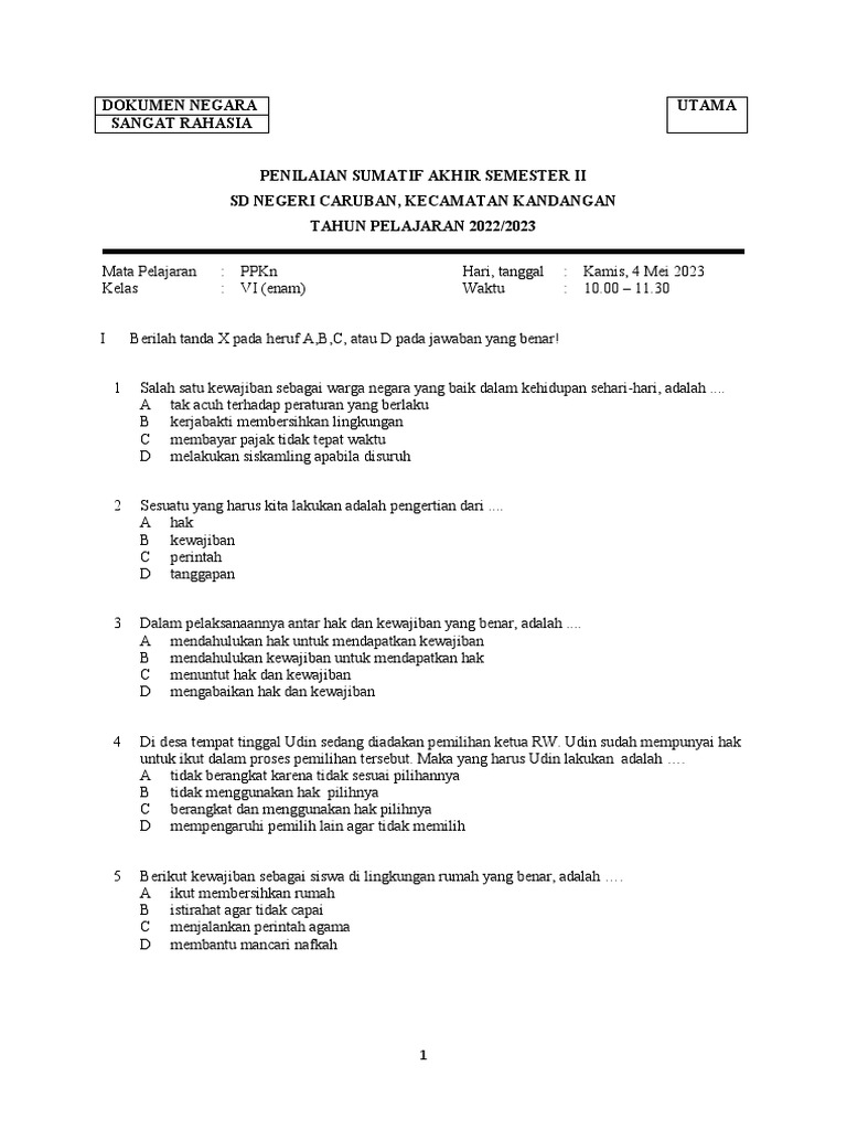 Dokumen Negara Utama Sangat Rahasia Penilaian Sumatif Akhir Semester Ii SD Negeri Caruban ...