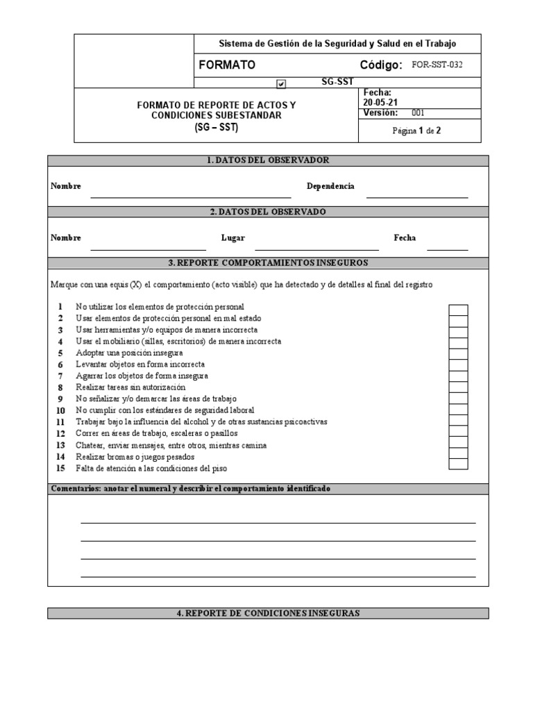 For SST 32 Formato Reporte de Actos y Condiciones Subestandar | PDF | Informática