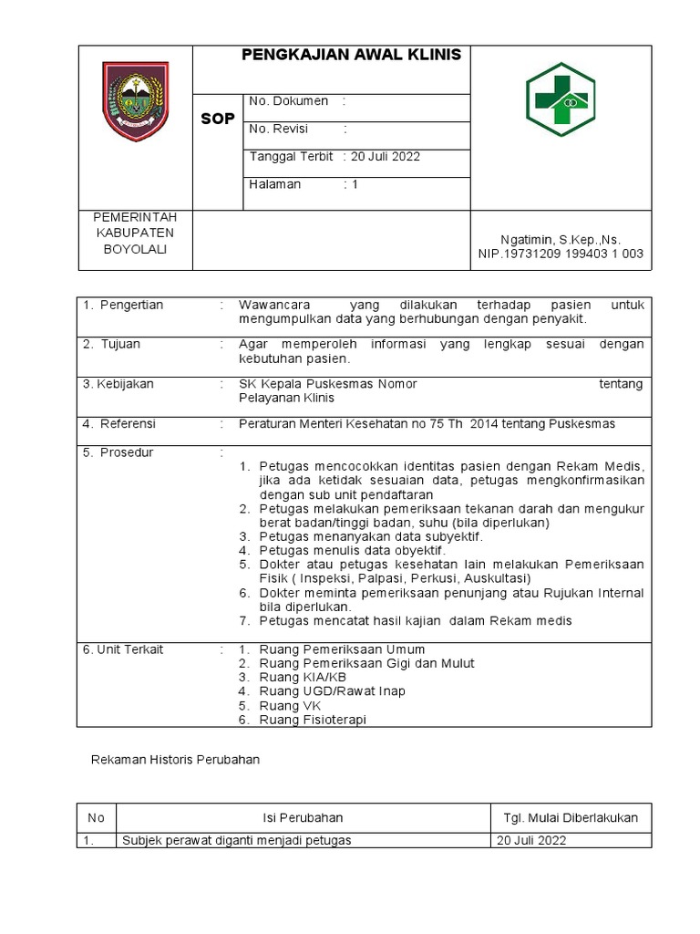 3.2.1.1 SOP Pengkajian Awal Klinis 2022 | PDF | Sains & Matematika