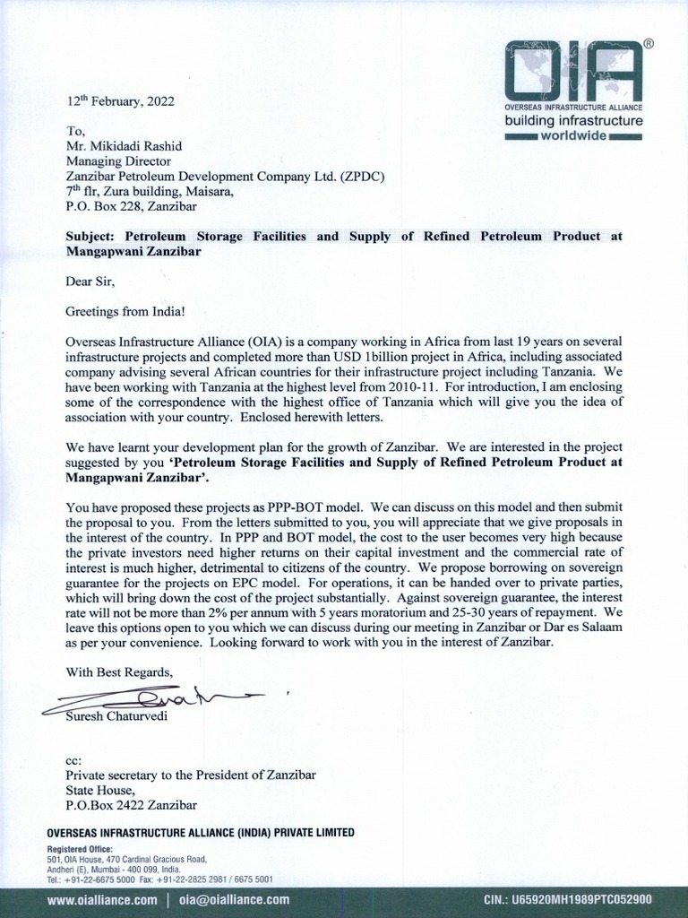 Letter Dated 12th Feb 22 Re Petroleum Storage Facilities & Supply of ...