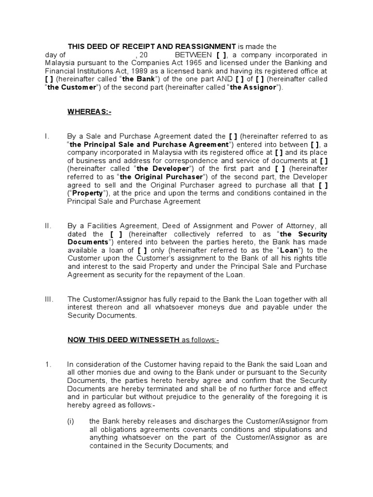 Deed of Receipt & Reassignment | PDF | Assignment (Law) | Loans
