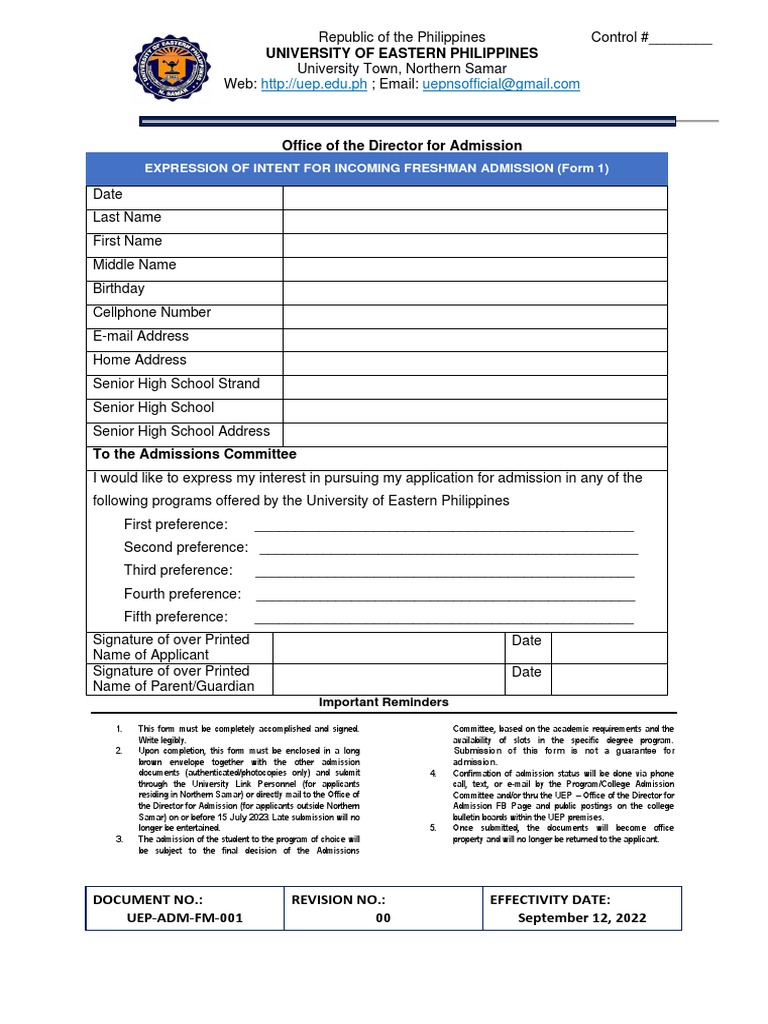 2B1 - Expression of Intent For Incoming Freshman Admission - 034018 PDF ...