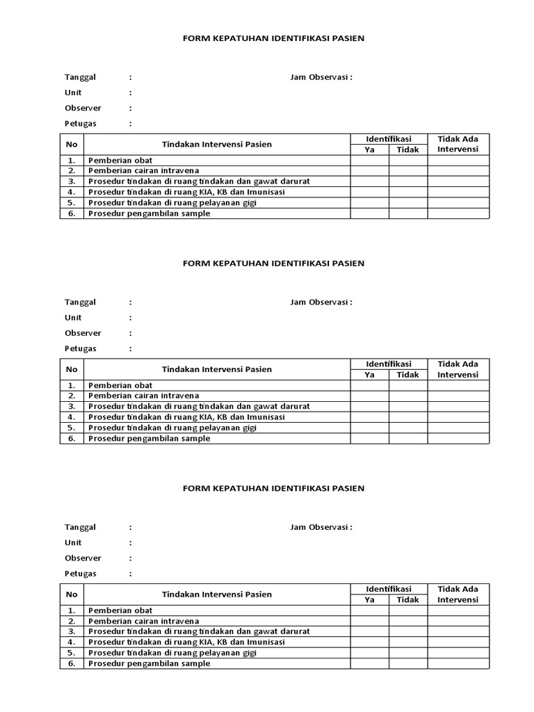 Form Kepatuhan Identifikasi Pasien | PDF