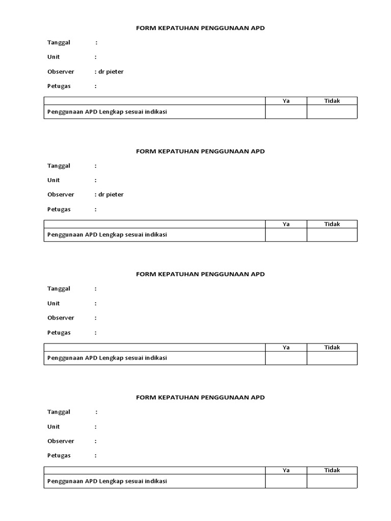 Form Kepatuhan Penggunaan Apd | PDF