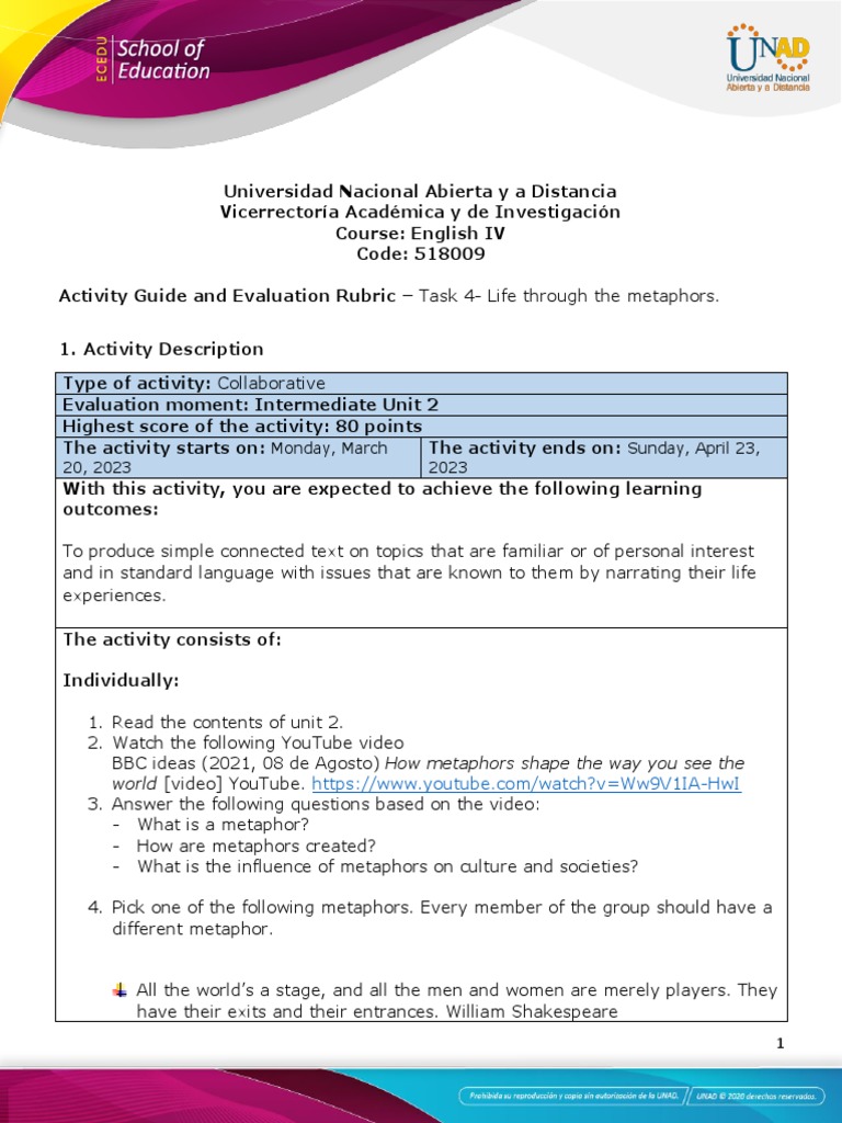 Activities Guide and Evaluation Rubric - Unit 2 - Task 4 - Life Through The Metaphors PDF | PDF ...