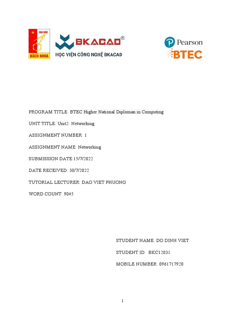 Do - Dinh - Viet BKC12031 Networking Assignment 1 | PDF | Domain Name System | Osi Model