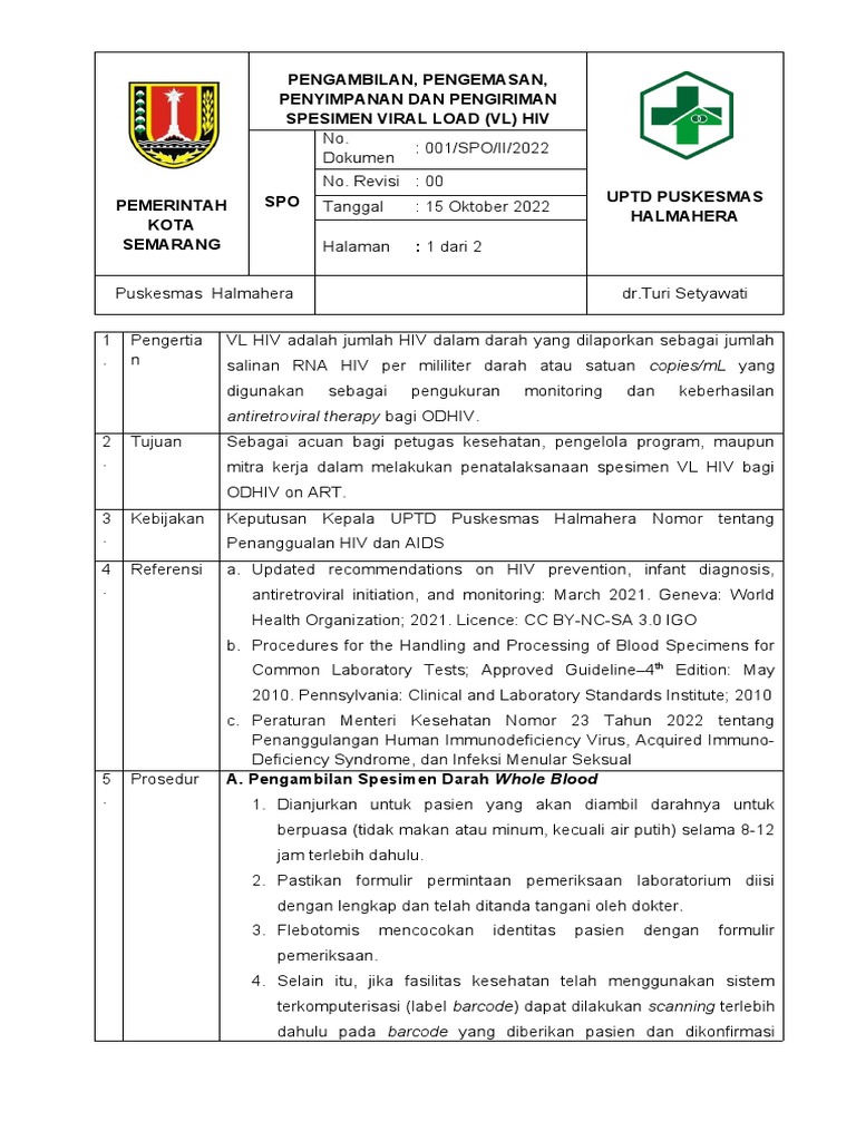 SPO Pengambilan, Pengemasan, Penyimpanan Dan Pengiriman Spesimen Viral Load (VL) HIV | PDF ...