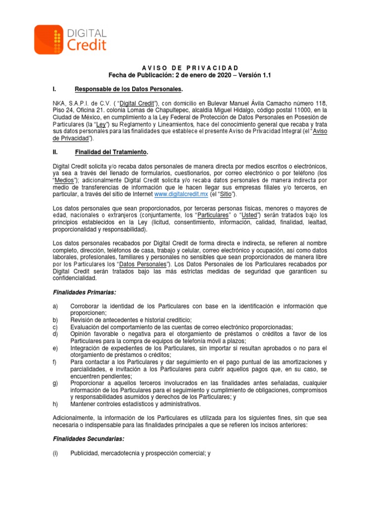 Aviso de Privacidad de Digital Credit | PDF | Cookie HTTP | Privacidad de la información