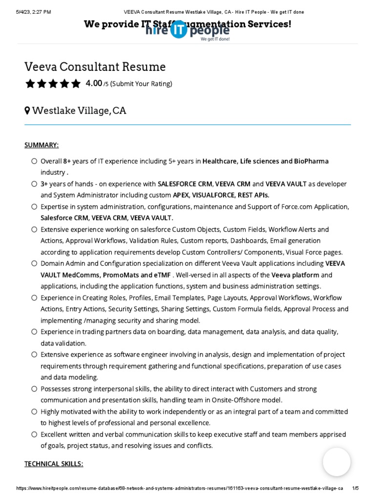VEEVA Consultant Resume Westlake Village, CA - Hire IT People - We Get ...