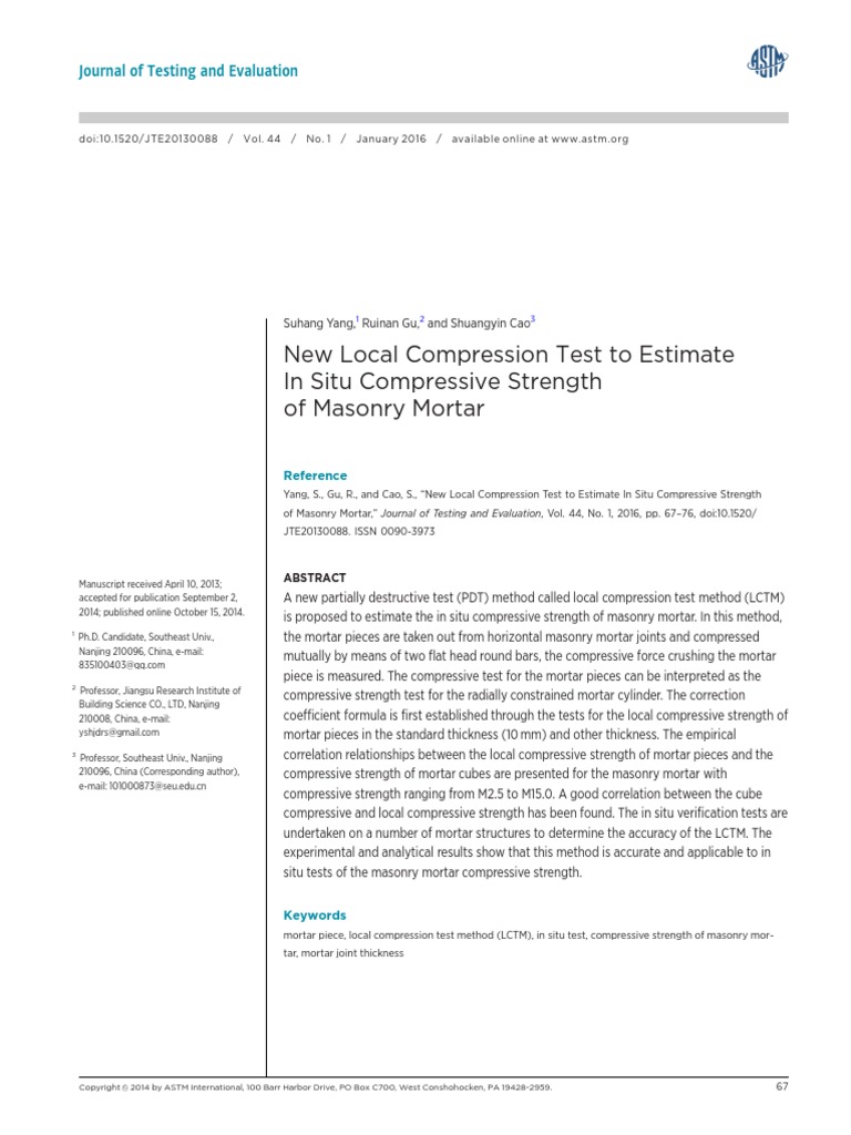 New Local Compression Test To Estimate In Situ Compressive Strength Of Masonry Mortar Pdf Pdf