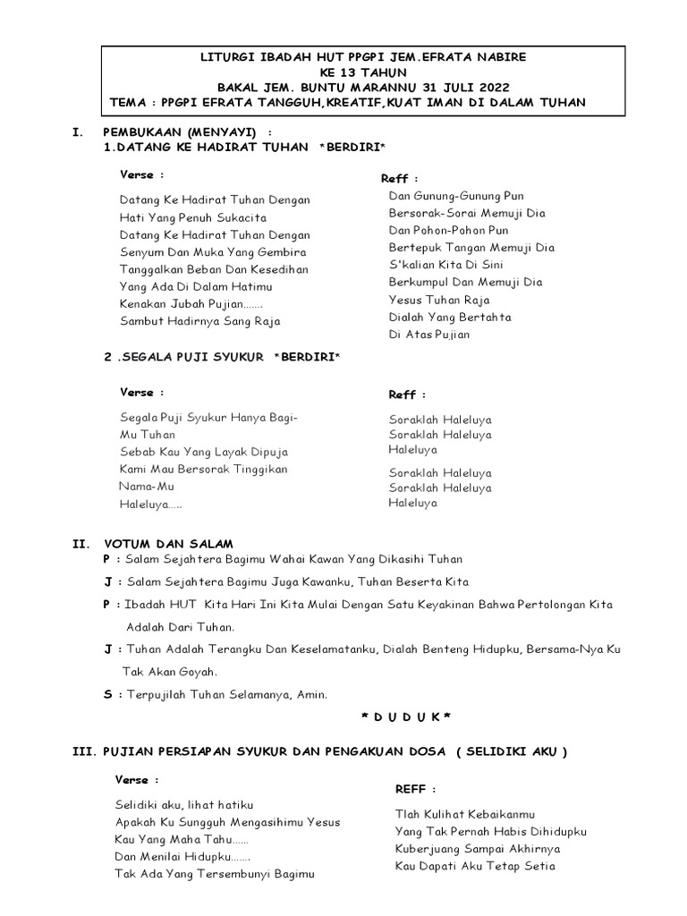 Contoh Liturgi Ibadah Hut Ppgpi Efrata Eq | PDF