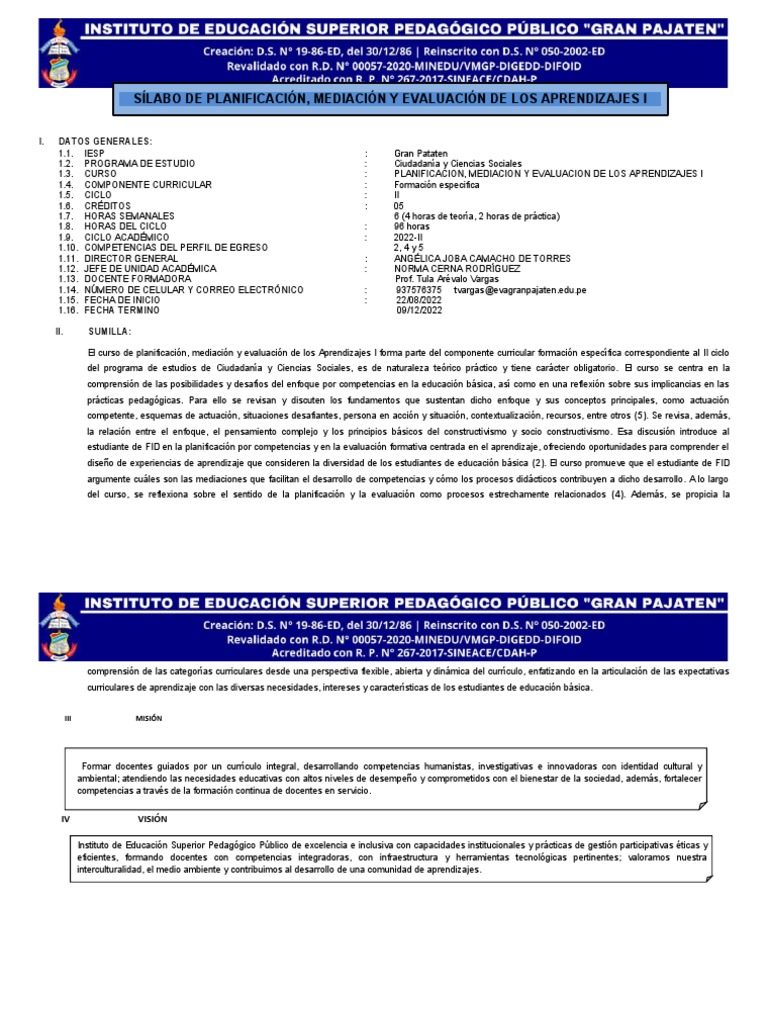 Silabo de Planificacion, Mediacion y Evaluacion de Los Parenidzajes I | PDF | Evaluación | Plan ...