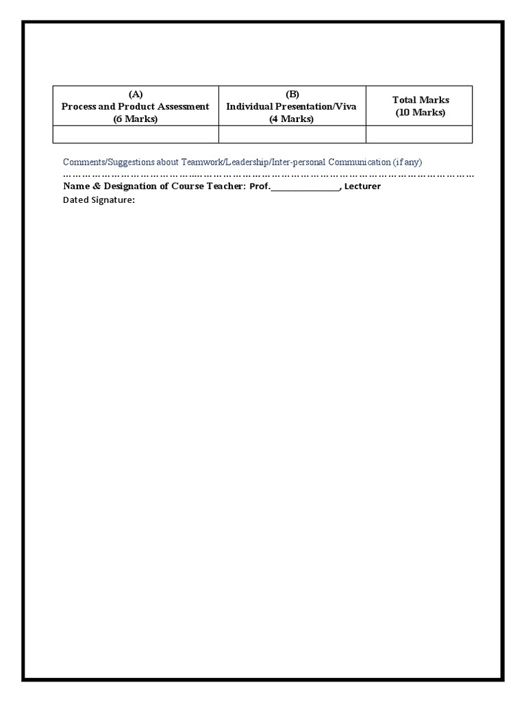 (A) Process and Product Assessment (6 Marks) (B) Individual Presentation/Viva (4 Marks) Total ...
