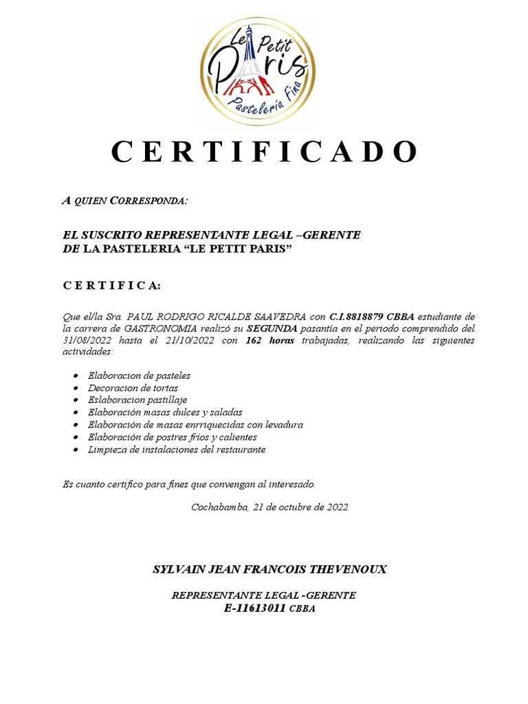 Certificado de Pasantía en Repostería | PDF | Cocina, comidas y vino